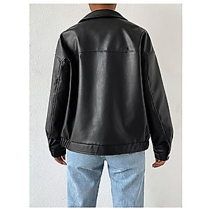 MakeMeChic Women's Faux Leather Shacket Long Sleeve Zip Up Motorcycle Jacket Biker Coat Zip Black S