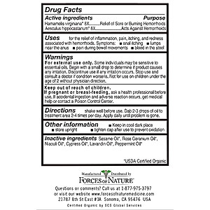 Forces of Nature Hemorrhoid Treatment, Extra Strength 0.37 Fl Oz, Organic Homeopathic Medicine & Essential Oils, Hemorrhoid Relief for Pain, Itching, Swelling, Soreness & Discomfort