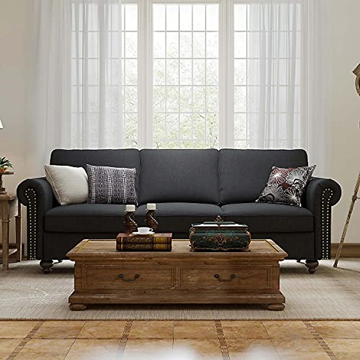 Nolany 3 Seater Sofa Linen Fabric Couch with Reversible Back Cushions Upholstered Sofa 3-Seat Couch for Small Space, Dark Grey