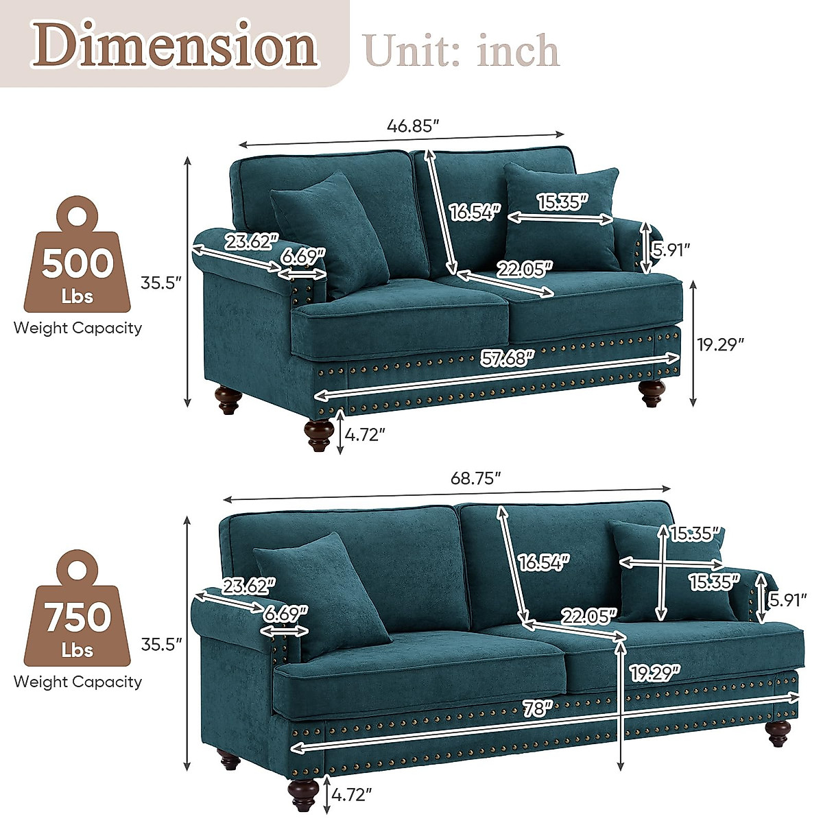 Antetek 2-Piece Upholstered Chenille Sofa Couch Set, Mid-Century Modern Loveseat Sofa+3 Seater Couch with Wood Bun Feet/Pillow for Living Room, Office, Furniture Set, Lake Green