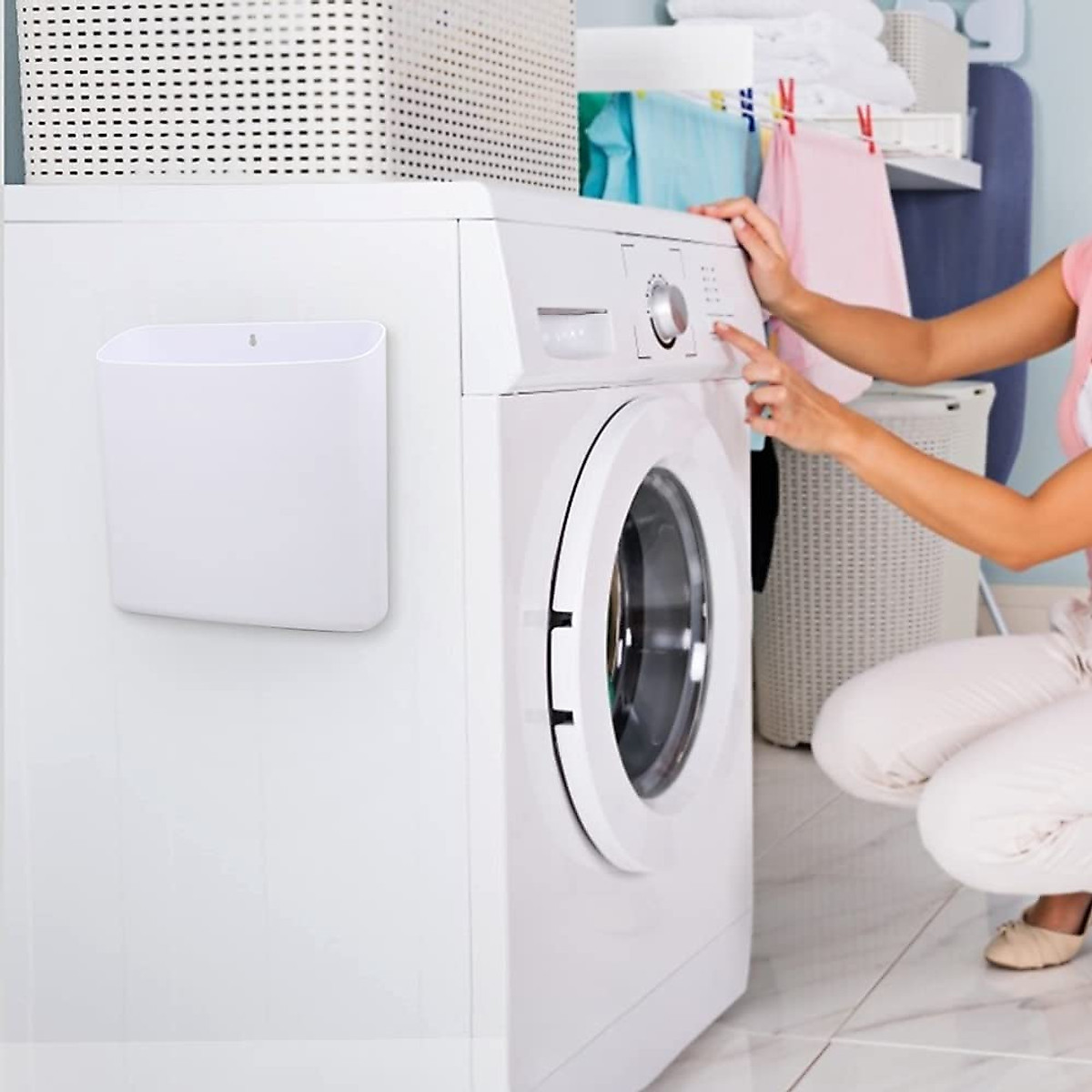 Picowe Magnetic Laundry Storage, Large Lint Holder Bin, Space-Saving Trash Container Hanging on Dryer, Washer or Wall Mount (Gray White)