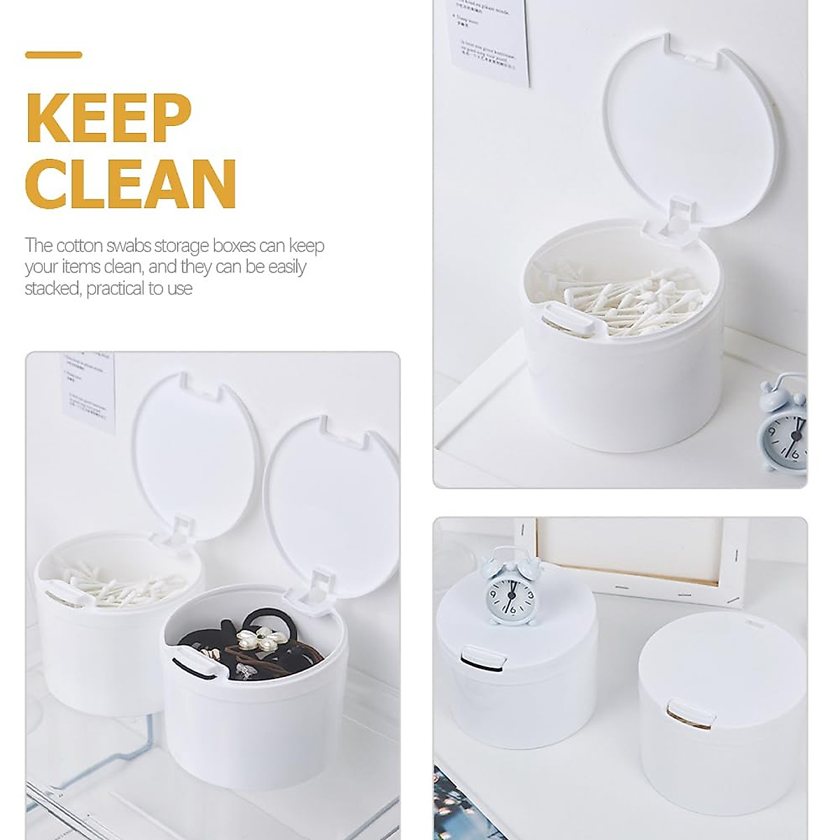 minkissy 3pcs Clamshell Cotton Swab Storage Box ‎PP ‎Cotton Swab Holder Cotton Round Dispenser Cotton Swab Containers for Bathroom Home Storage