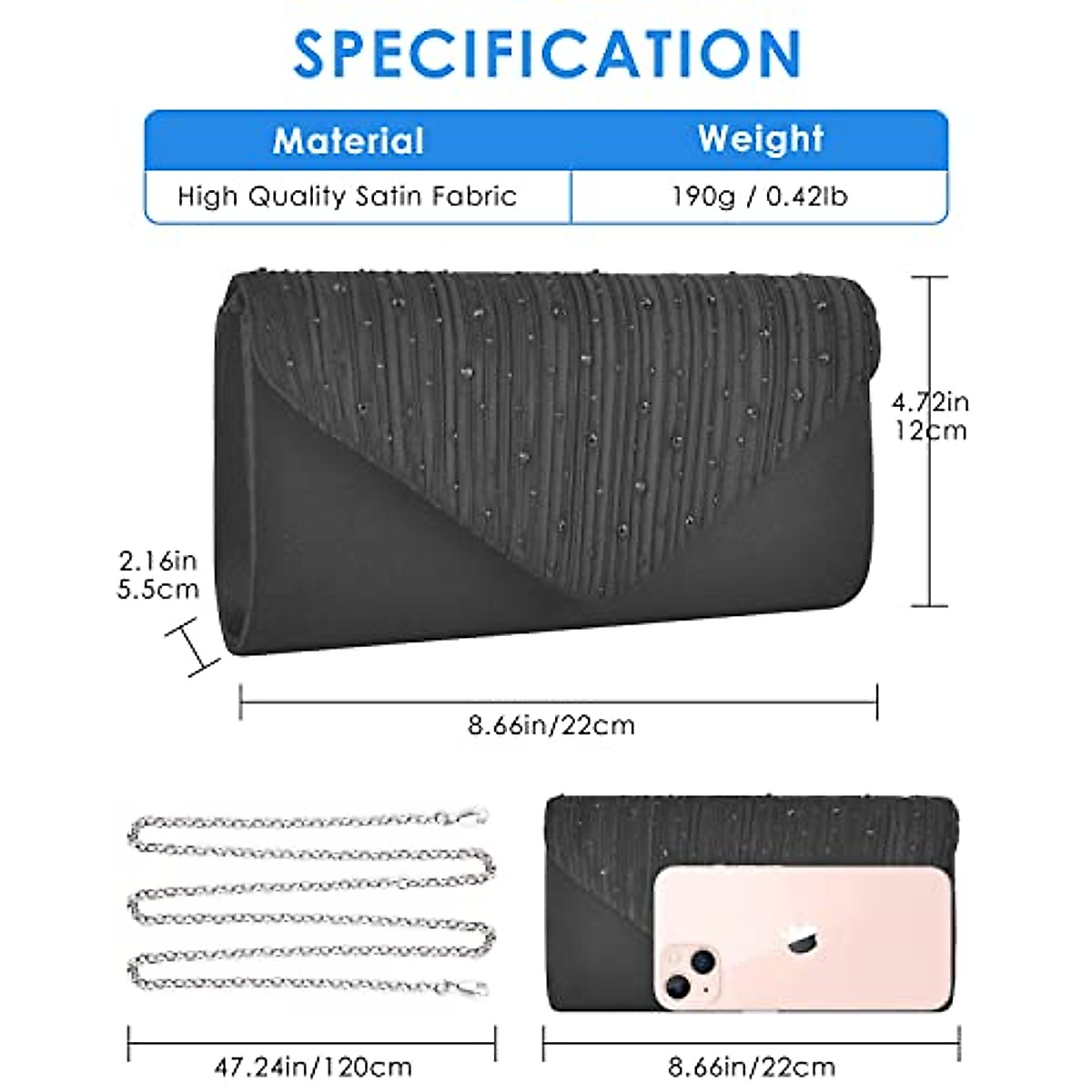 TINDTOP Clutch Purses for Women, Formal Evening Clutch Bags Sparkling Shoulder Envelope Party Handbags Wedding Cocktail Prom Clutches (Black)