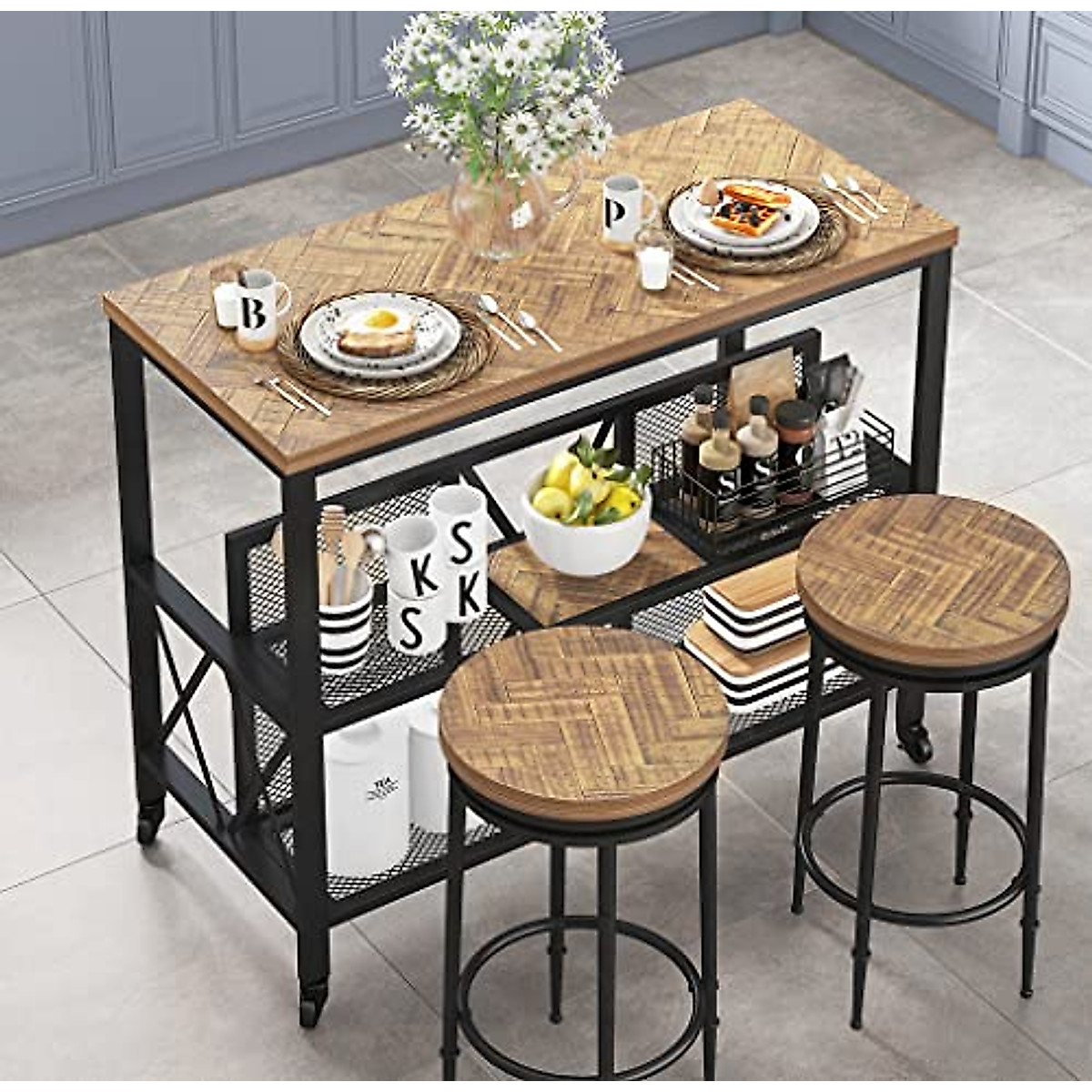 HOMYSHOPY Bar Table and Chairs Set, Modern Counter Height Dining Table Set for 2, Farmhouse Pub Table Dining Room Set with Storage for Kitchen(Brown Wood)