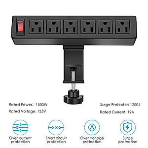 HHSOET Desk Power Strip with Switches, Clamp Outlet Strip Surge Protector, Clip on 1.7 inch Desktop Edge with 6 Outlet, Mountable Desk Outlet Removable Power Plugs, 6FT Extension Cord. (Black)