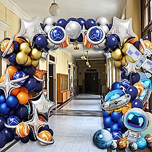 RUBFAC Space Party Decorations Balloon Garland Kit, Universe Space Planets Party Supplies UFO Rocket Astronaut Navy Blue Silver Foil Latex Balloons for Boys Kids