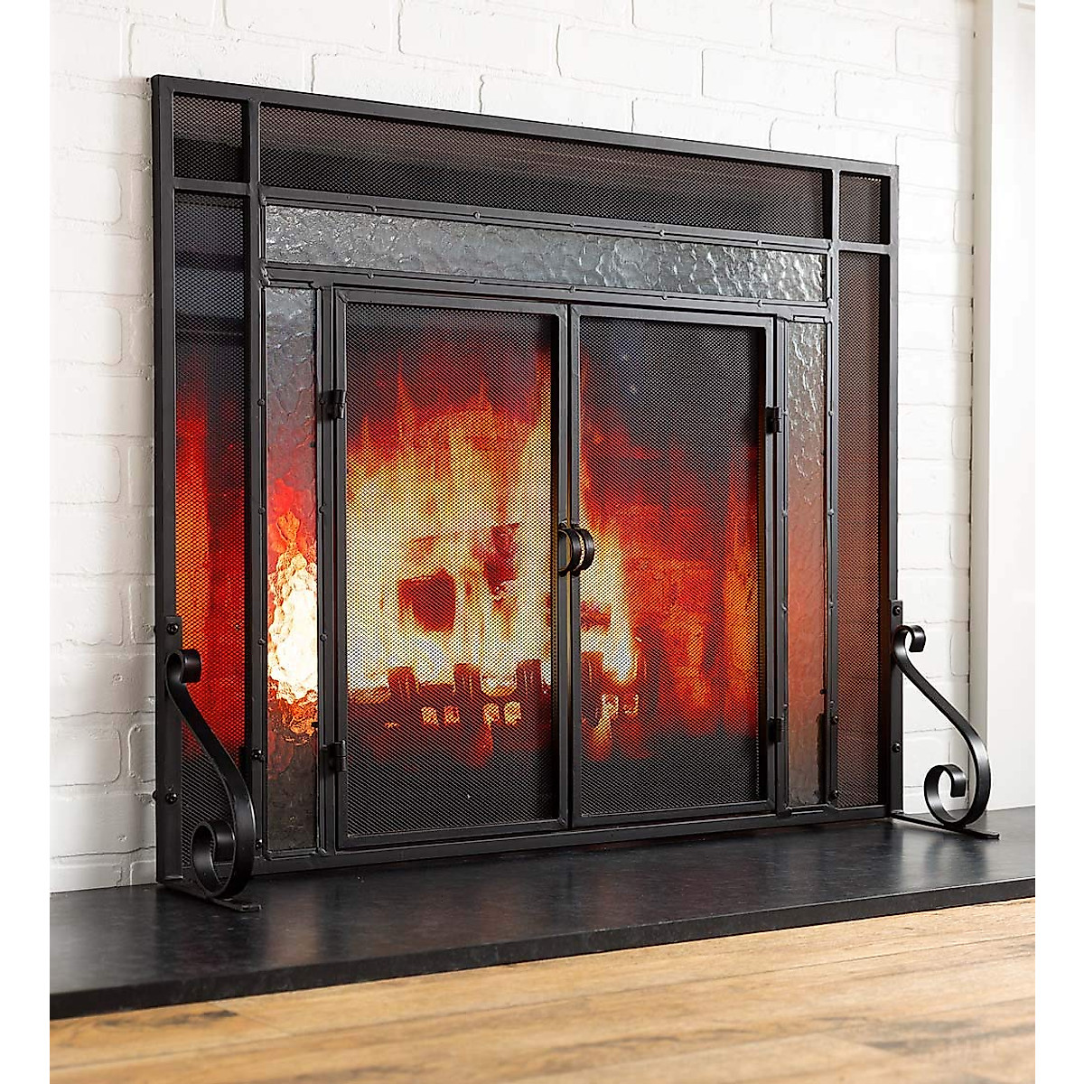 Plow & Hearth Metal Fireplace Screen Glass Flatguard Black | 38" W x 31" H | 2 - Door | Spark Guard Indoor Grate | Iron Fire Place Cover | Wood Burning Stove Decorative Accessories