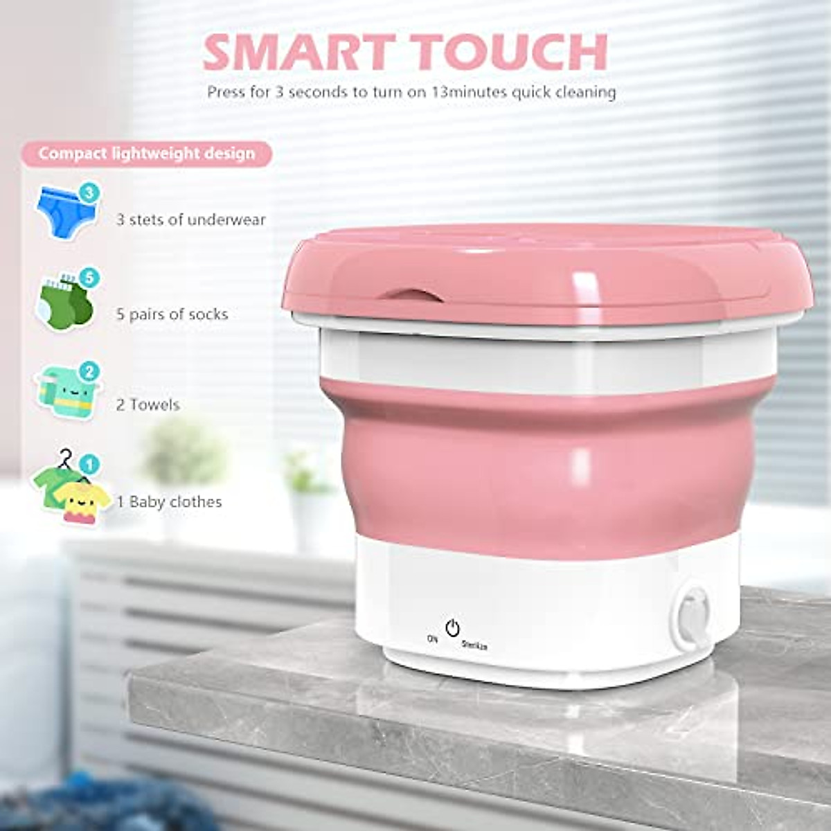 Portable Washing Machine，Ultrasonic Ozone sterilization，Foldable Mini Small Washer for Underwear or Small Items Washing Baby Clothes，Suitable for Apartment Dorm,Travelling，Best Gift Choice Pink