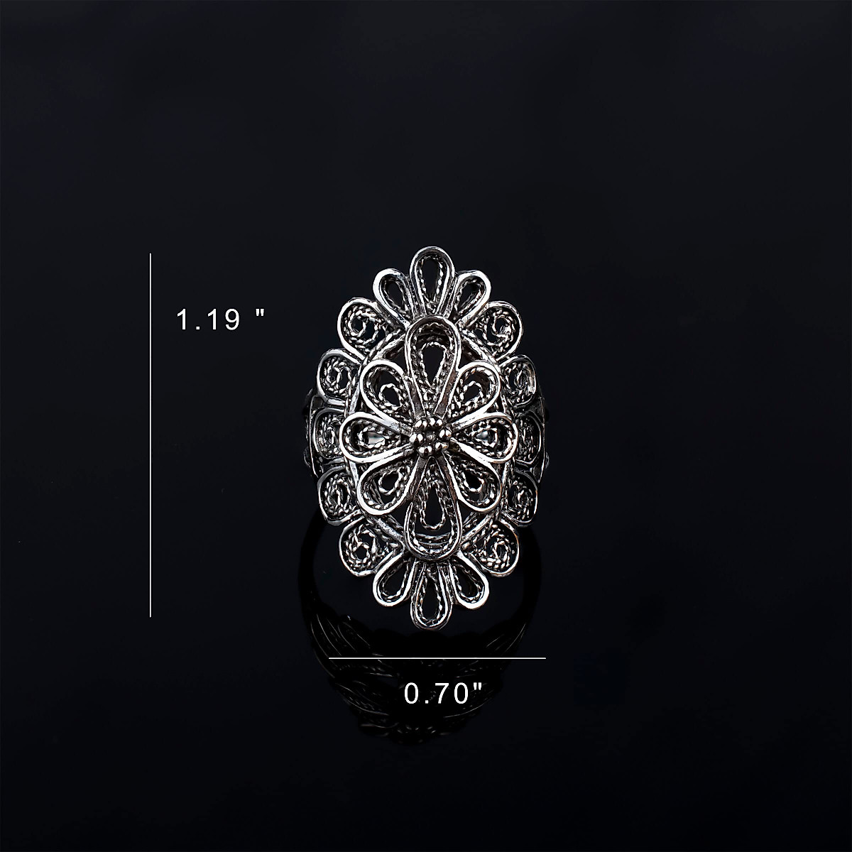 Filigranist 925 Sterling Silver Filigree Art Lace Embroidery Detailed Women Long Statement Ring (8.5)