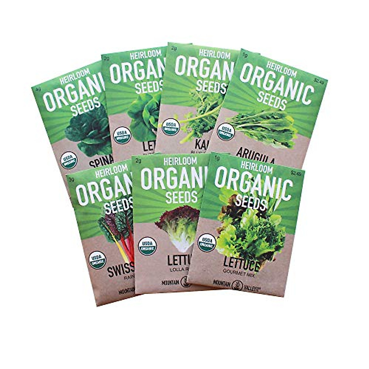 7 Varieties of Leafy Power Green Organic Seeds, Non-GMO Seeds for Planting, Heirloom Seeds - Spinach Seeds, Arugula, Kale, Lolla Rossa Lettuce Seeds, Buttercrunch, Gourmet Mix Lettuce, Swiss Chard