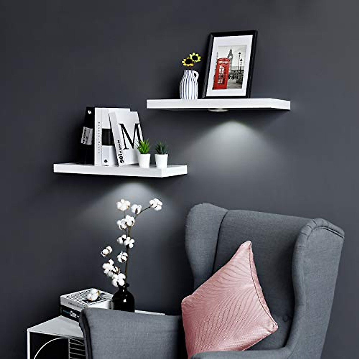 WELLAND White Floating Shelf with Touch-Sensing Battery Powered LED Light,Wall Mounted Display Shelves for Entrance, Living Room, Bedroom, Kitchen and Bathroom (24-INCH, White)