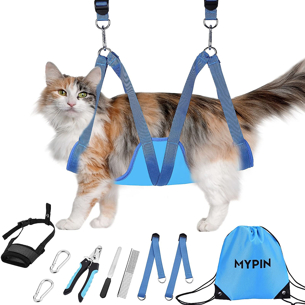 Cat Grooming Hammock, Pet Grooming Harness for Dogs&Cats, Multi Hammock Restraint Bag with Adjustable Grooming Loop/Stainless D-Hooks/Nail Clippers/Trimmer/Nail File for Pet Nail Trimming, Care (XS)