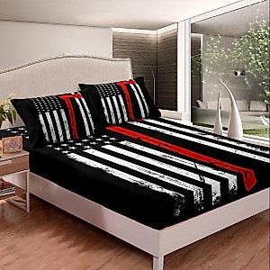 Firefighter Bedding Set Twin Size American Flag Bed Set for Girls Teens Bedroom Decor Kids Fireman Fitted Sheet Soft Microfiber Red Black White Bed Cover(1 Fitted Sheet+1 Pillow Case)