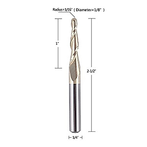 SpeTool Tapered Ball Nose End Mill 1/4" Shank with 1/16" Cutting Radius (1/8" Diameter) for 3D Carving Engraving Router Bit, ZrN Coated
