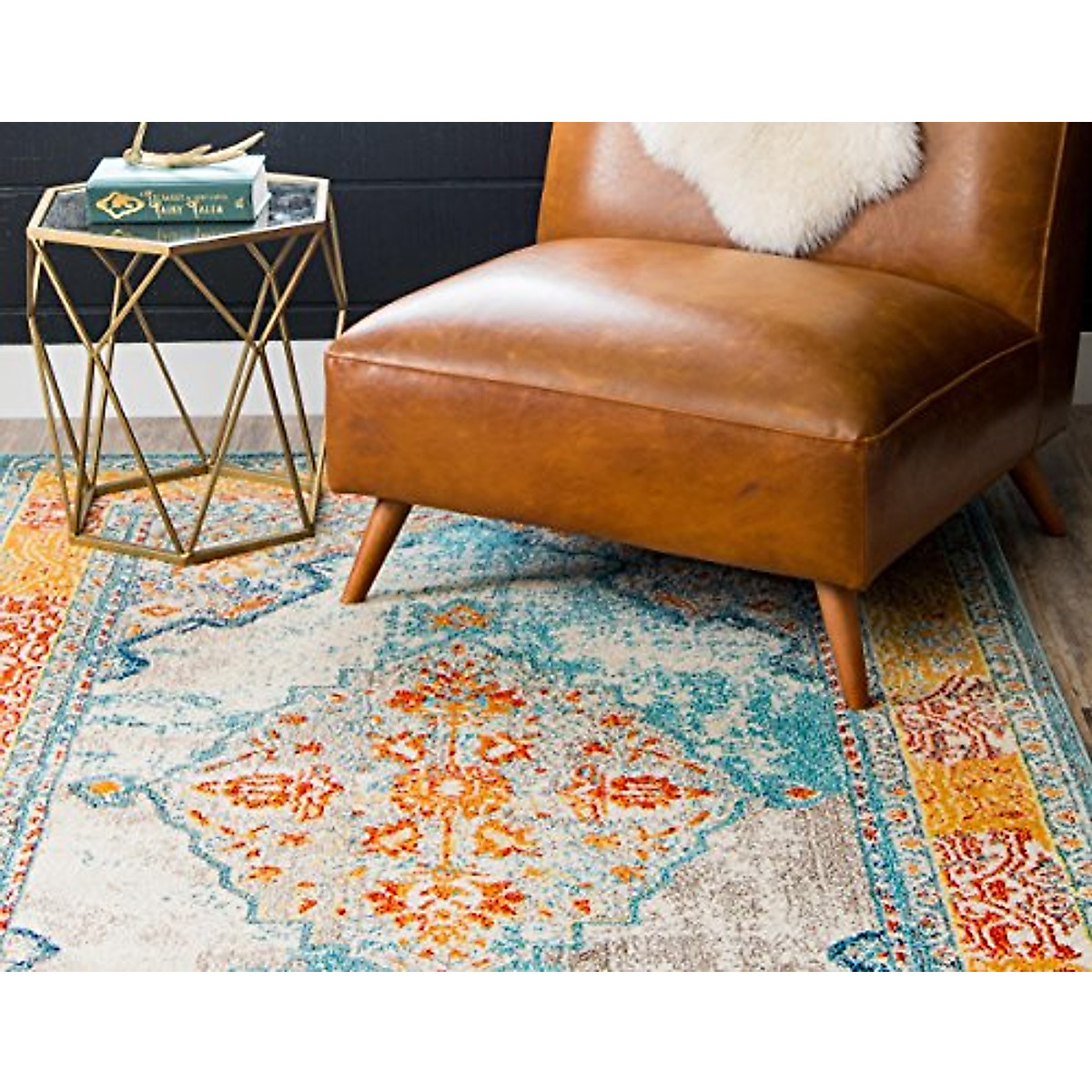 Unique Loom Vita Collection Bright Over-Dyed Traditional Vintage Area Rug, 8 ft x 10 ft, Blue/Orange