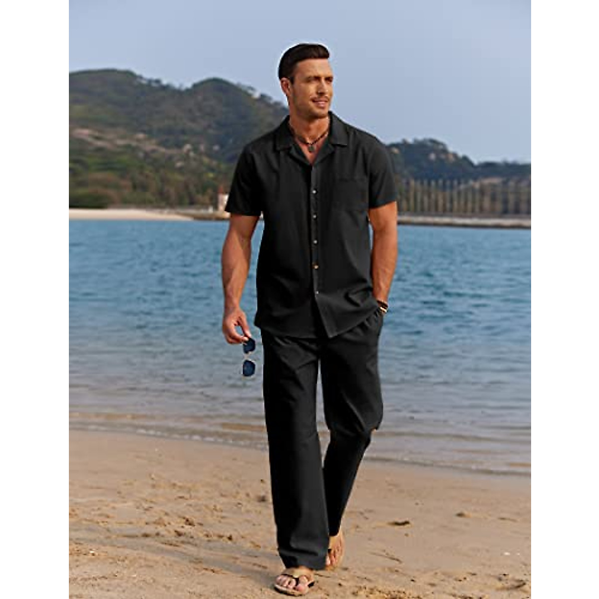 COOFANDY Mens Coordinated Outfit  Linen Beach  Casual Cuban Button Up Shirts Drawstring Pants, Black, X-Large
