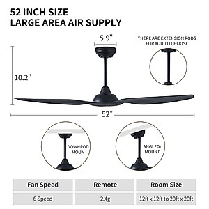 HUMHOLD 52" Ceiling Fan no Lights with Remote, Reversible DC Motor 6-Speed Ceiling Fan, 3 Blades Black Ceiling Fan without Light, Modern Propeller Ceiling Fans for Bedroom, Living Room