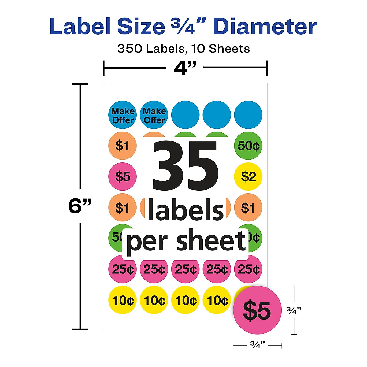 Avery Preprinted Removable Garage Sale Labels, 0.75 Inches, Round, Pack of 350 (5480),Assorted Neon