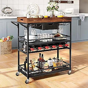 YITAHOME Industrial Bar Carts for The Home, Mobile Wine Serving Bar Cart on Wheels with Removable Wood Top Tray, 3 Tier Kitchen Cart Outdoor Mini Bar Home Bar with Drawer Wine Rack Glass Holder