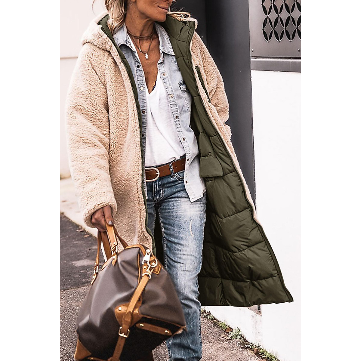 PRETTYGARDEN Women's Warm Winter Coats 2025 Fluffy Fleece Hooded Long Down Jackets Outerwear (Army Green,Large)