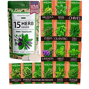 15 Culinary Herb Seeds Vault - Heirloom & Non GMO (2X More) 4900+ Seeds for Planting Indoor or Outdoor Herbs Garden | Gardening Gift for Men Women - Basil, Cilantro, Chives, Lavender, Mint, Thyme