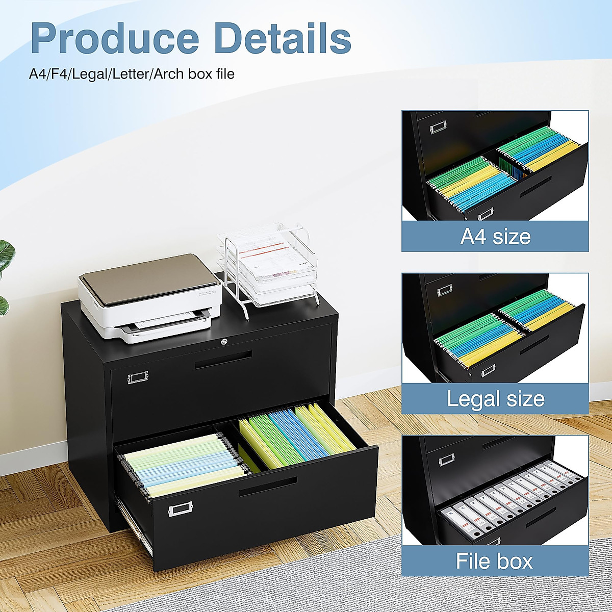 RAVIGIN 2 Drawer File Cabinet with Lock,Lateral Metal Black Filing Cabinets for Home Office 36" Wide Hanging Letter/Legal/F4/A4 Size (Require Assembly)