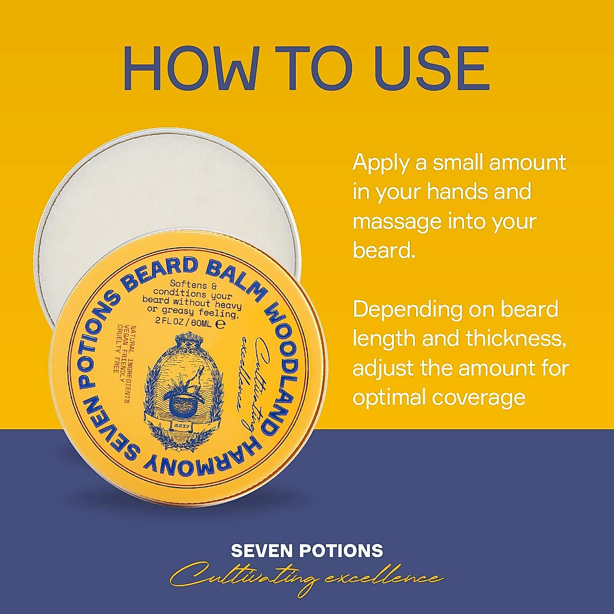 Seven Potions Beard Balm 2 oz. 100% Natural Softener with Jojoba Oil - Nourishes, Softens, Stops Itch, and Leaves Healthy Shiny Beard (Woodland Harmony)