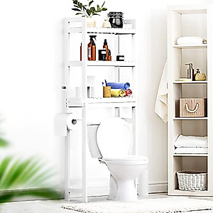 Purbambo Over The Toilet Storage, 3-Tier Bamboo Shelf Organizer Storage Rack with Toilet Paper Holder & 3 Hooks for Bathroom, Balcony, Porch, Laundry - White