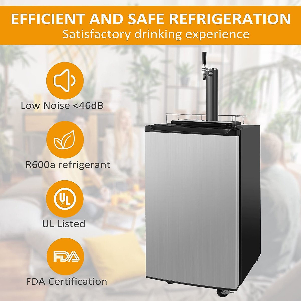 3.4 Cu.Ft. Kegerator, Keg Beer Cooler for Beer Dispensing with 4 Casters, CO2 Cylinder, Temperature Control, Drip Tray, Black Stainless Steel