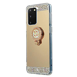 LCHDA Glitter Case for Samsung Galaxy S20 6.2 Inch, Bling Makeup Mirror Luxury Sparkle Rhinestone Diamond with Ring Kickstand Soft Clear Crystal TPU Bumper Cover with Finger Holder Grip - Gold