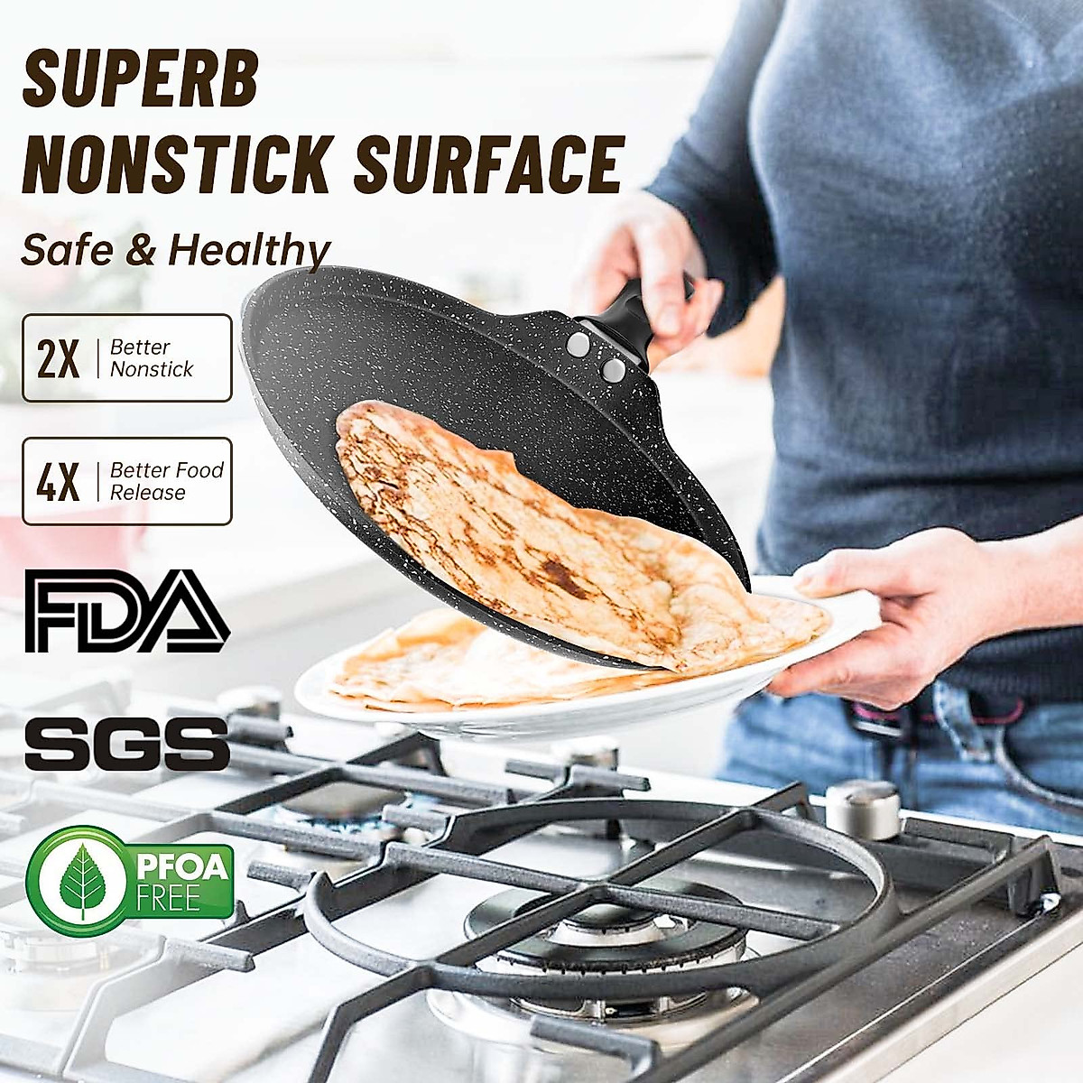 Innerwell Nonstick Crepe Pan, Comal Dosa Pan Tawa Griddle Pancake Pan, 10 Inch Tortilla Pan with Stay-Cool Handle, Induction Compatible, 100% PFOA Free, Black
