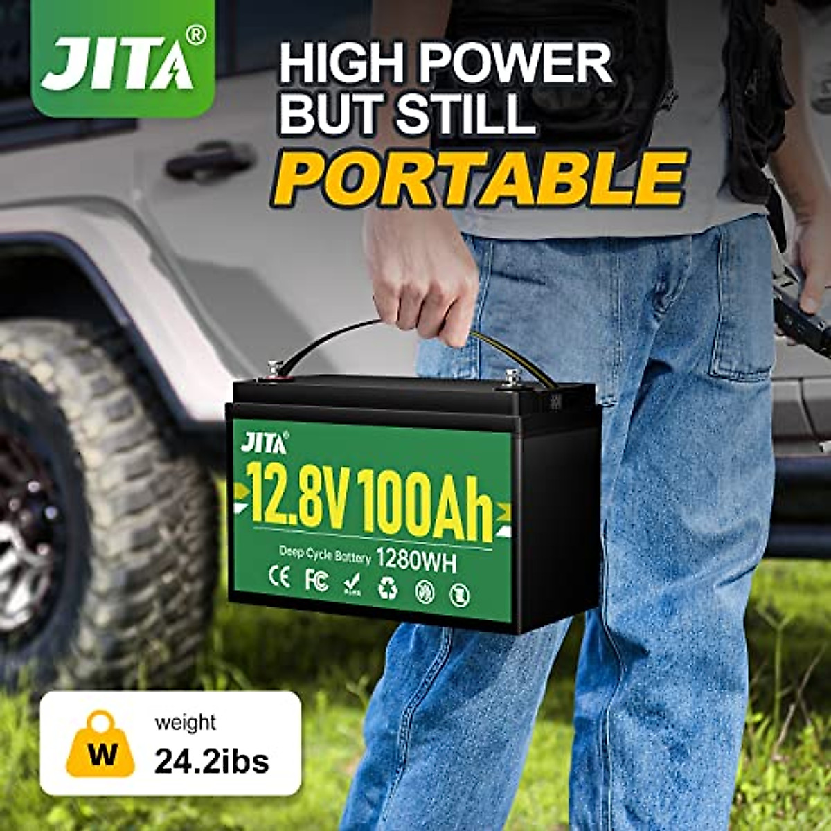 JITA 12V 100Ah LiFePO4 Battery 12.8V Lithium Battery, Built-in 100Amp BMS, 20000+ Deep Cycle,1280W Power Output for Trolling Motor,RV, Solar Power System, Marine, Home Energy Storage and Off Grid