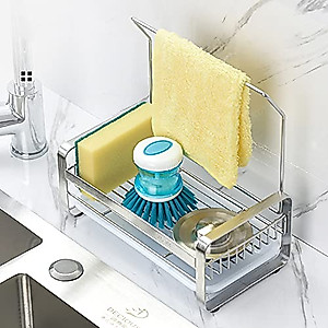Dish Racks, Sponge Holder, Sink Caddy Organizer for Soap, Brush and Sponge, Sink Tray Drainer Rack with Removable Drain Pan & Anti-Slip Pads ,SUS304 Stainless Steel Dish Cloth Hange