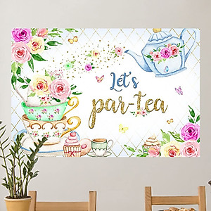 Tea Birthday Party Backdrop Let's Partea Pink Flowers Photo Background Newborn Kids Princess Birthday Party Decoration Cake Table Banner (7x5ft)