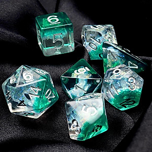 Haxtec Resin DND Dice Set 7PCS Green Clear Mylar Galaxy Polyhedral D&D Dice for Roleplaying Dice Games as Dungeons and Dragons