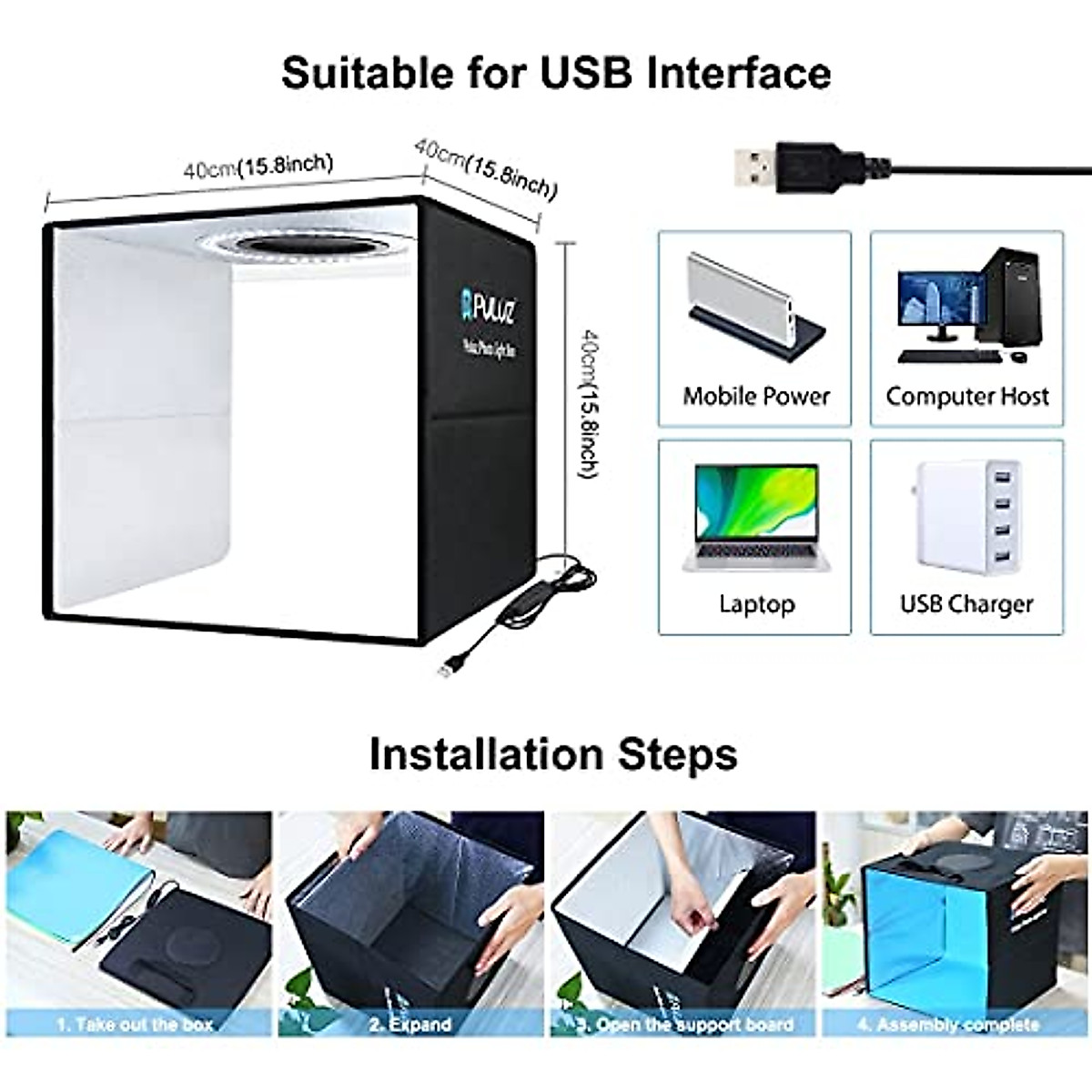 Photo Light Box 16’’x16“ for Product Photography Quick Install Professional Photo Boxes with Lights Three Color Dimmable Photo Booth Studio with 12 Color Background