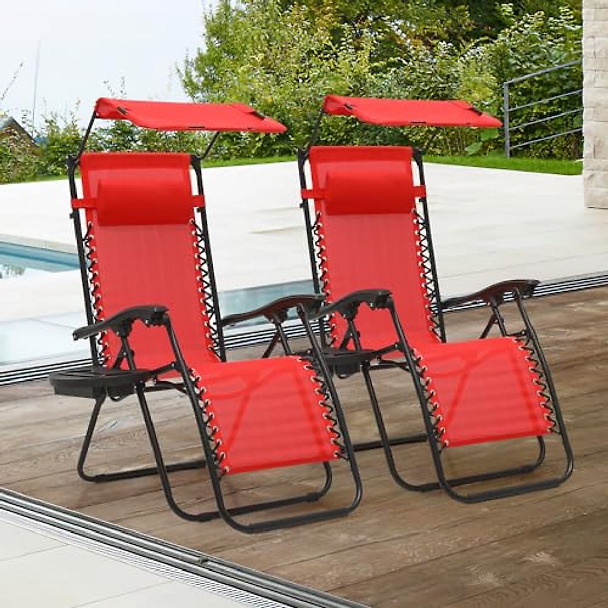 Magshion Zero Gravity Chair with Canopy Set of 2, Reclining Outdoor Patio Lounge Chair, Folding Anti Gravity Recliner, Portable Lounger with Removable Cup Holder Side Tray and Pillow Headrest (Red)