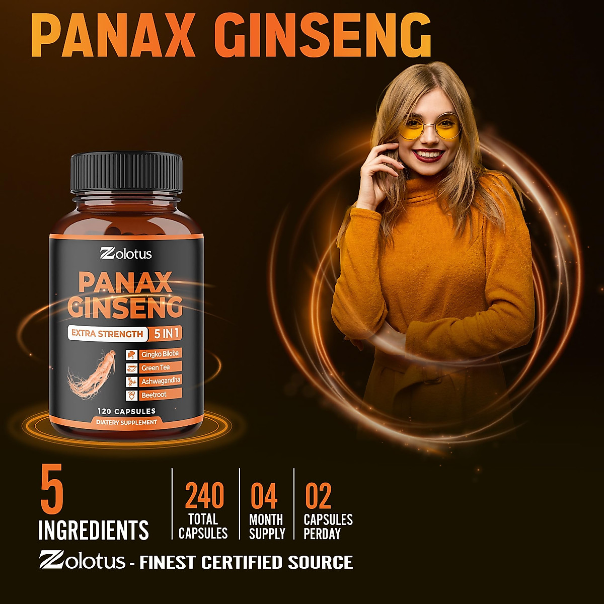 Zolotus Korean Red Panax Ginseng + Ginkgo Biloba, Ashwagandha, Beetroot, Green Tea - 120 Capsules (Pack of 2)