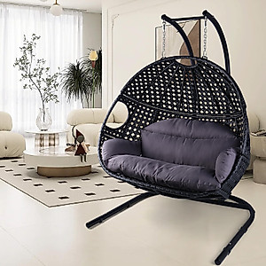JESE Double Swing Egg Chair with Stand Indoor Outdoor,UV Resistant Cushion 2 People Hanging Anti-Rust Wicker Rattan Frame 530 lbs Capacity Oversized Hammock for Patio Bedroom Balcony，Black