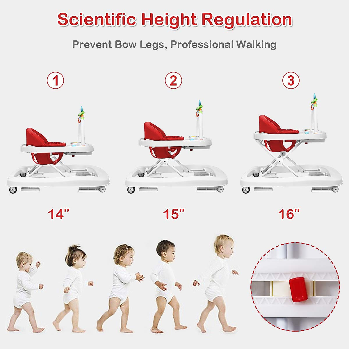 BABY JOY Baby Walker, 2 in 1 Foldable Activity Behind Walker with Adjustable Height & Speed, Friction Control Functions, Safety Belt, High Back Padded Seat, Music, Detachable Penguin Play Bar (Red)