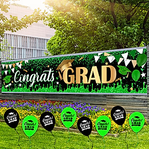 Large Congrats Grad Banner Green Class of 2023 Graduation Banner With 8 Pcs Balloons Decorations Yard Sign For College Graduation Party Supplies