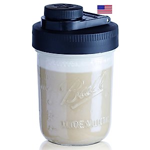 Brewing America Creamer Jar with Pouring Lid, 1 Pint (16 oz) Wide Mouth Ball Mason Jar with Black Pour Lid, for Milk, Sugar, and Cream, 1-Pack (Black)