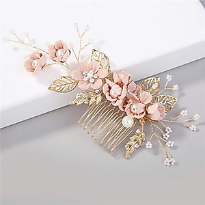 Hair Side Combs Bride Wedding Hair Comb Flowers Pearl Bridesmaids Hair Piece Accessories Vintage Bridal Hair Clips for Women and Girls (Pink)