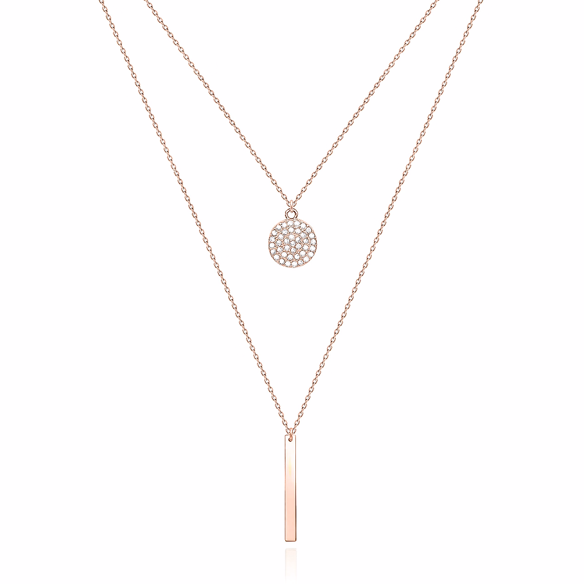 LUXSTRA 18K Gold Filled Necklace for Women | Cubic Zirconia Pave Disc Pendant Necklace with Bar Charm | Rose Gold Necklace for Women | Stackable Necklace Choker