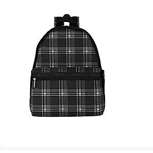 LeSportsac Pearl Plaid Basic Backpack/Rucksack, Style 7812/Color E570, Sophisticated Modern Plaid - Black, Slate Grey & Ivory Pearl