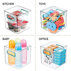 mDesign Plastic Kitchen Pantry Cabinet, Refrigerator or Freezer Food Storage Bins with Handles - Organizer for Fruit, Yogurt, Snacks, Pasta - Food Safe, BPA Free, 6" Cube, 4 Pack - Clear/Blue