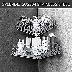 Nieifi Adhesive Corner Shower Caddy Shelf Basket Rack with Hooks, Rust Proof Stainless Steel Bathroom Shelf Shampoo Holder No Drilling 2 Pack