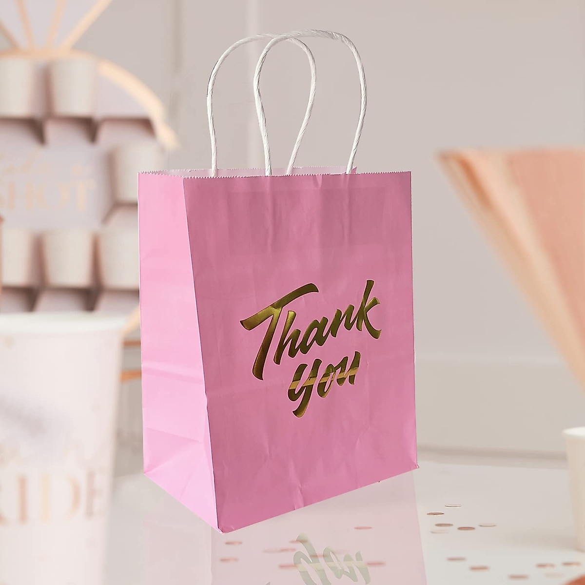 XIAMUY 50Pcs Gift Bags Medium, 8x4.25x10 Inch Paper Bags For Gifts, Thank You Gift Bags With Handles, Pink Shopping Bags, Paper Gift Bags For Christmas, Holiday, Business