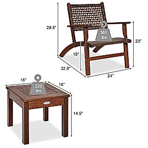 Tangkula 3 PCS Patio Conversation Set, Solid Eucalyptus Wood Frame Outdoor Wicker Furniture Set Bistro Set with Coffee Table, Rattan Furniture Set for Backyard Porch Garden Poolside Balcony (Brown)