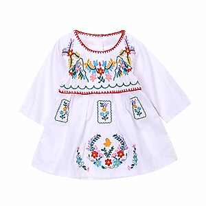 Kashoer Newborn Toddler Baby Girls Ethnic Embroidery Floral Dress Long Sleeve Party Sundress Skirt (6-12Months, White)